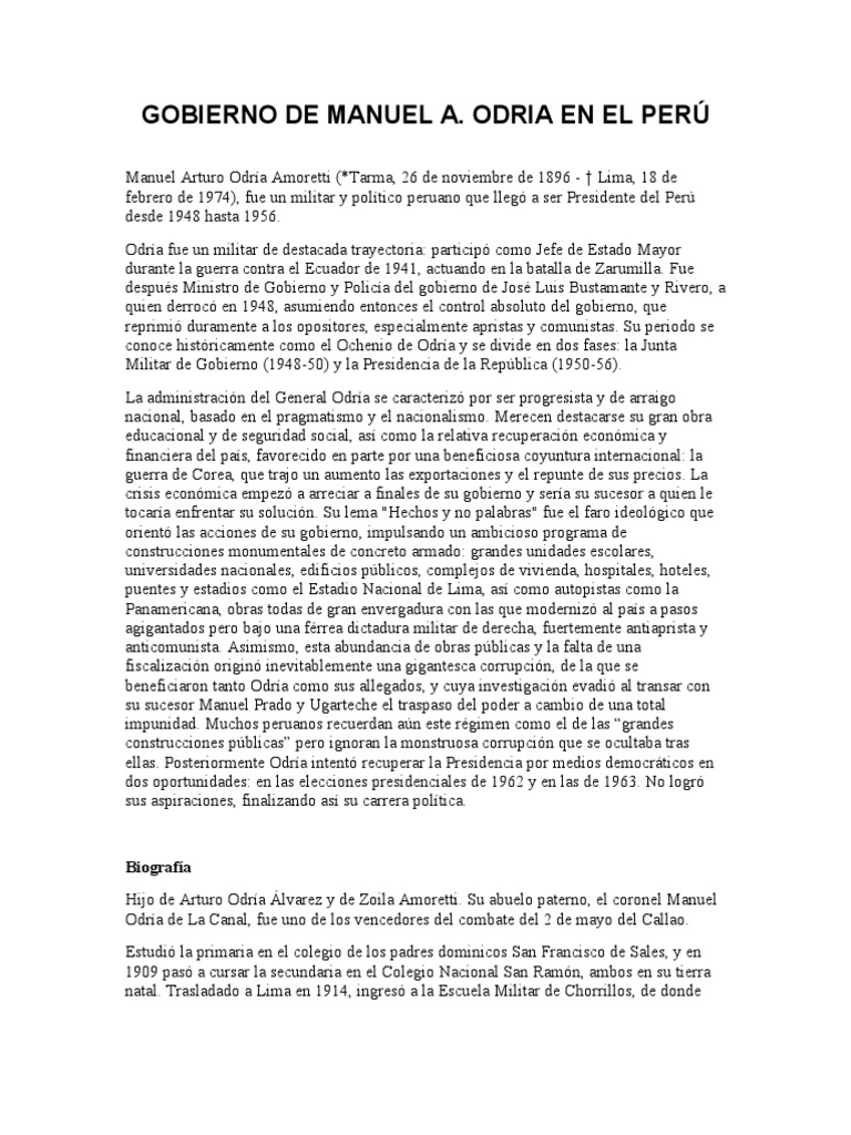 Gobierno de Manuel Odria en El Perú | PDF | Elecciones | Gobierno