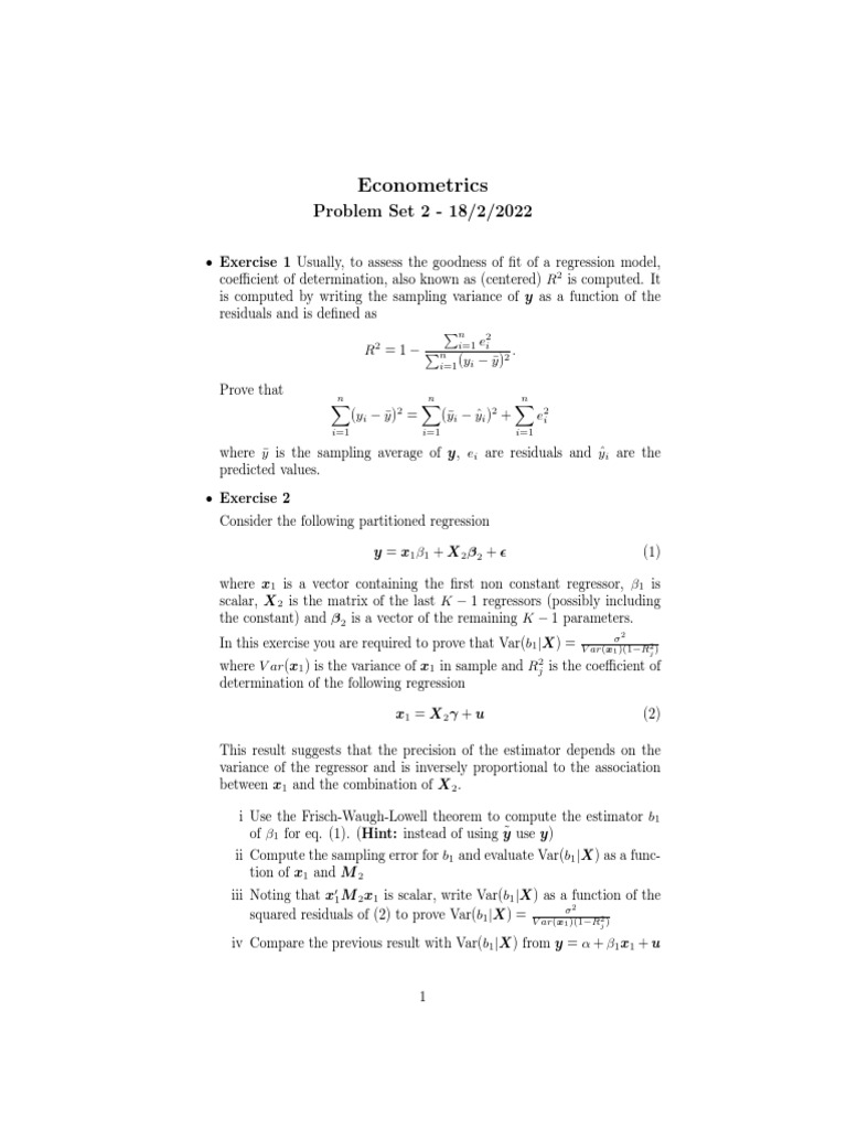 Econometrics: Problem Set 2 - 18/2/2022 | PDF | Regression Analysis | Statistical Theory