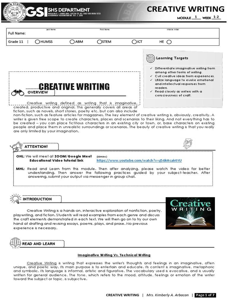 Creative Writing: Full Name: Grade 11 - Humss ABM Stem ICT HE | PDF ...