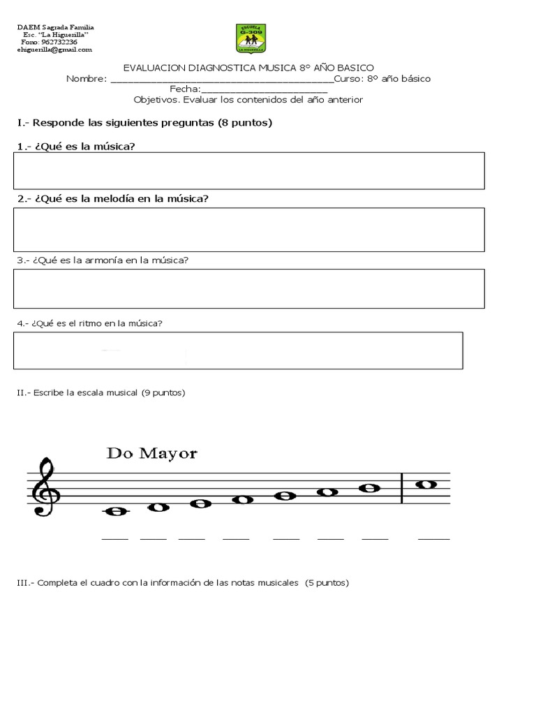 DIAGNOSTICO Musica 8 Basico | PDF