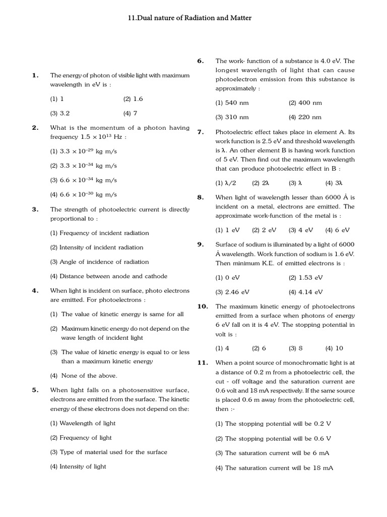 11.dual Nature of Radiation and Matter | PDF | Photoelectric Effect | Electronvolt