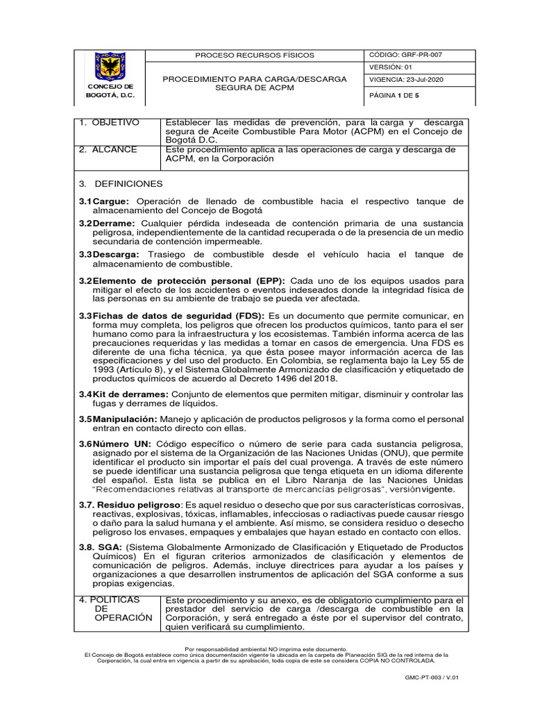 GRF PR 007 Procedimiento Carga Descarga Acpm v01 | PDF | Tanques GRF PR 007 Procedimiento Carga Descarga Acpm v01 | PDF | Tanques