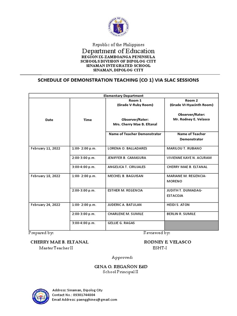 Department of Education: Schedule of Demonstration Teaching (Co 1) Via Slac Sessions | PDF