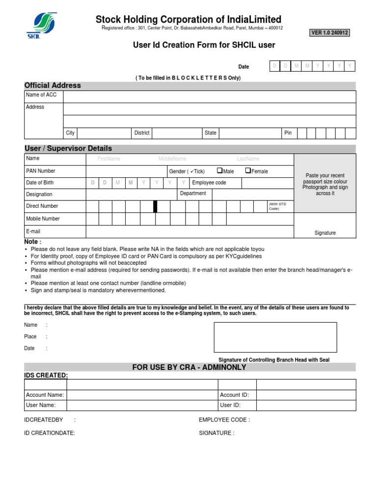 Stock Holding Corporation of Indialimited: User Id Creation Form For Shcil User | PDF | Identity ...