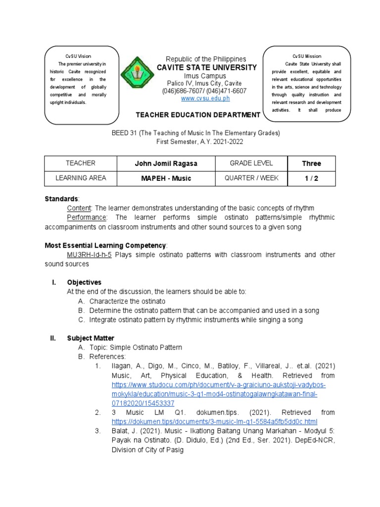 Simple Ostinato Patterns for Grade 3 | PDF | Rhythm | Songs