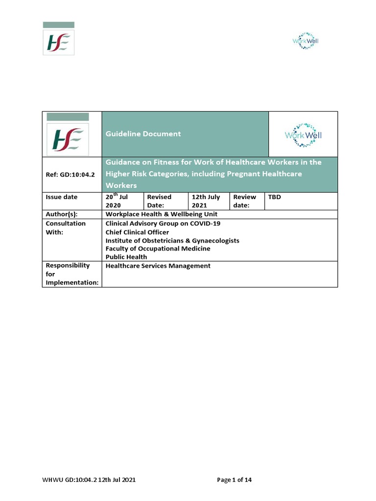 Fitness for Work Guidelines for At-Risk HCWs | PDF | Pregnancy | Risk