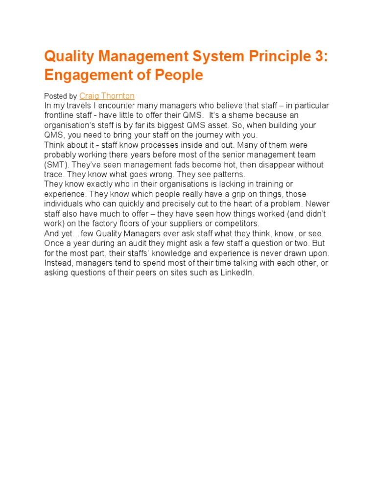 Quality Management System Principle 3 Engagement of People | PDF ...
