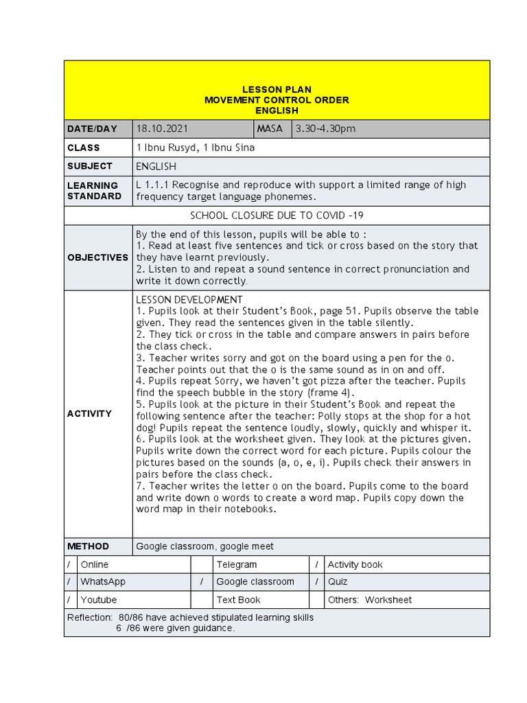 Lesson Plan Movement Control Order English Date/Day Class Subject ...
