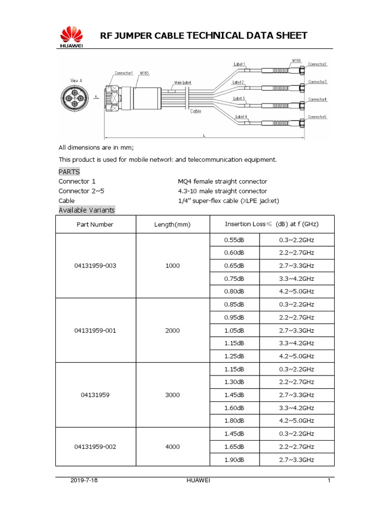 RF Jumper Cable Technical Data Sheet (MQ4 SF-4.3-10 SM) | PDF | Decibel | Electrical Connector