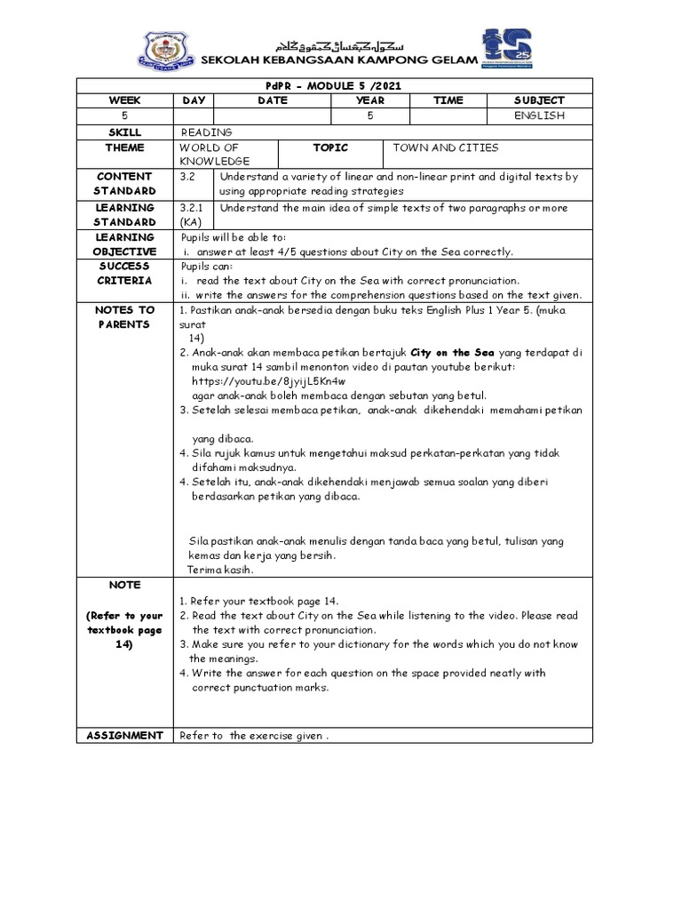Modul PDPR 5 - English Yr5 | PDF | Reading Comprehension | Writing
