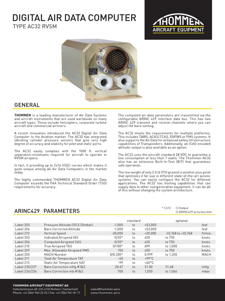 Digital Air Data Computer: Type Ac32 RVSM | PDF | Airspeed | Computer ...