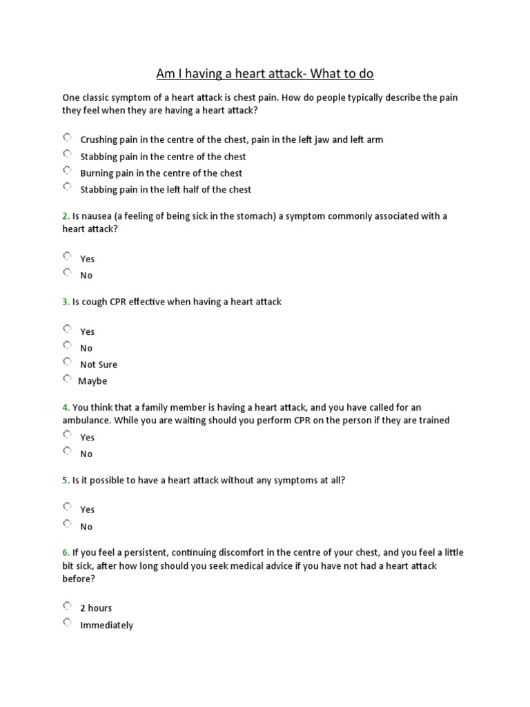 Heart Attack Symptoms and Actions Quiz | PDF | Myocardial Infarction ...