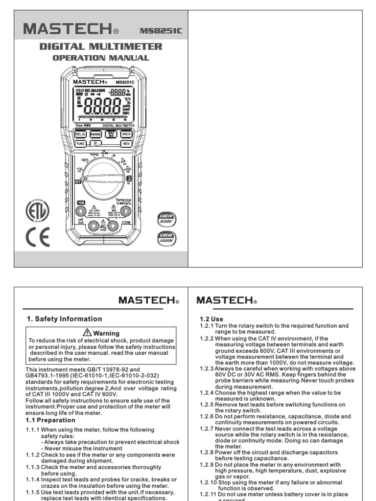 MS8251C Digital Multimeter Manual | PDF | Power Supply | Alternating ...