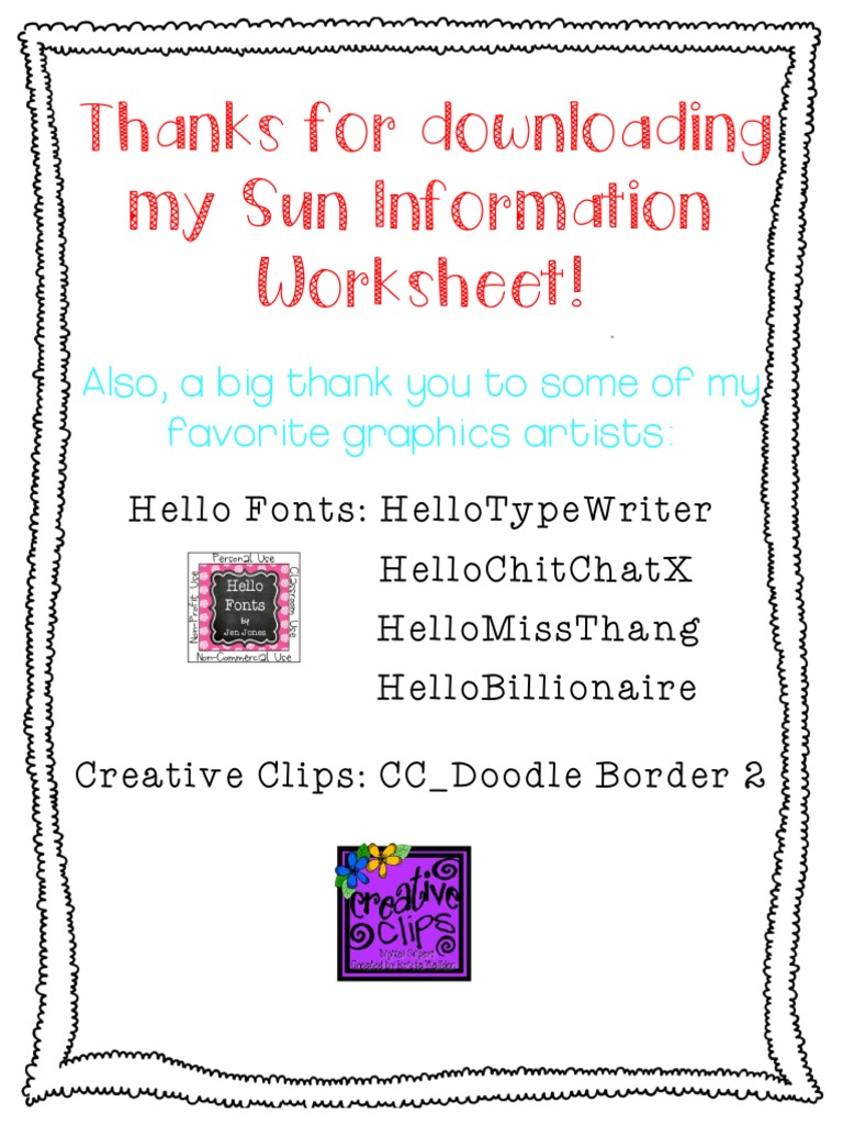 Thanks For Downloading My Sun Information Worksheet!: Also, A Big Thank ...