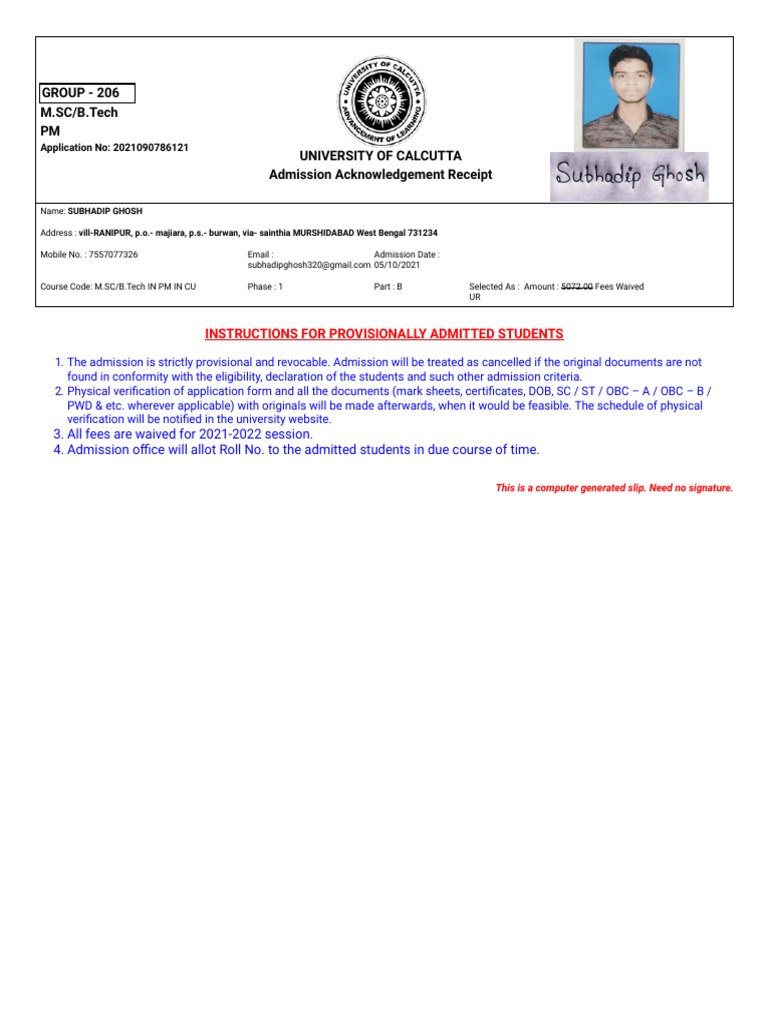 GROUP - 206 M.SC/B.Tech PM University of Calcutta Admission ...