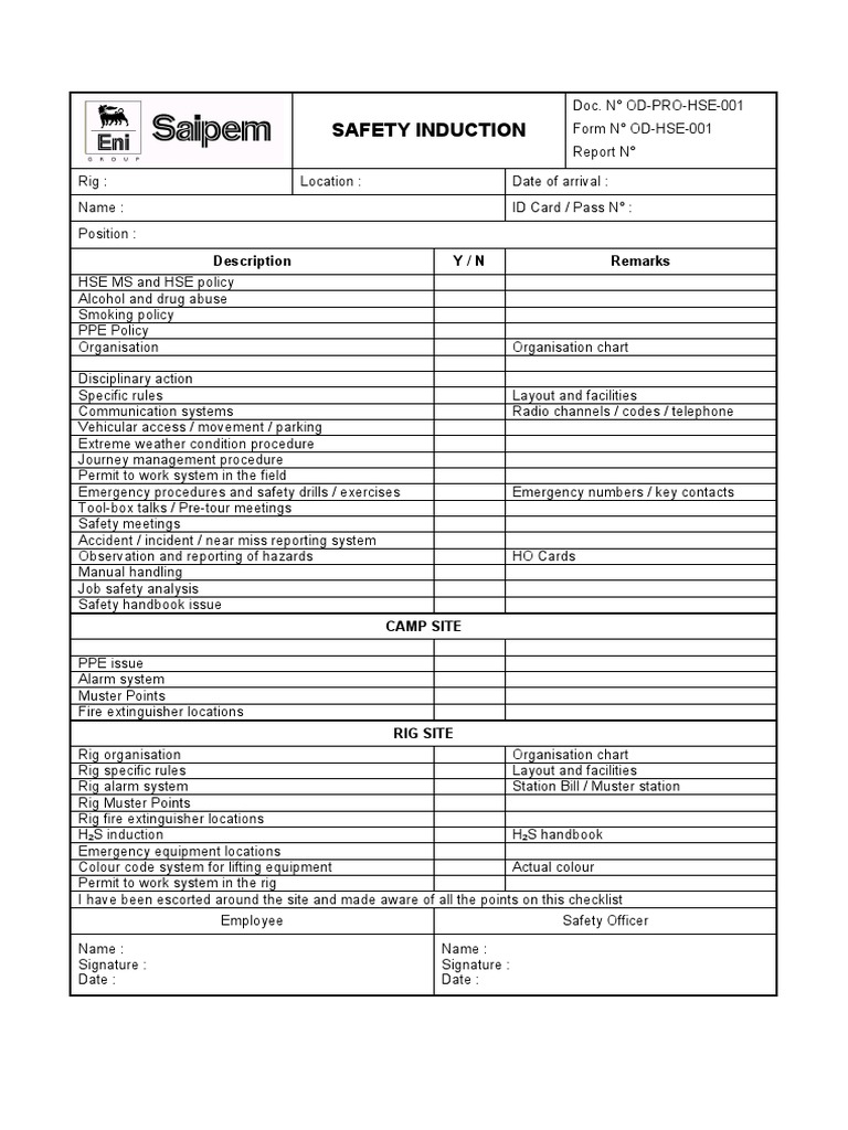 OD-HSE-001 Safety Induction | PDF | Occupational Safety And Health | Safety