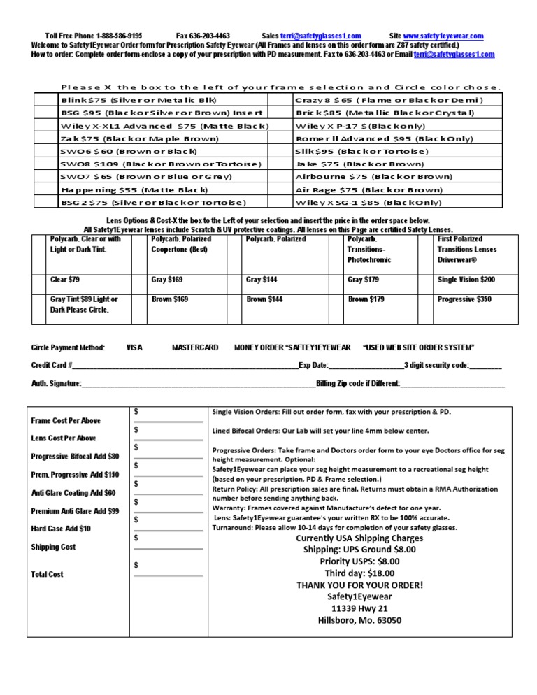 Fax Order Form Safety Glasses | PDF | Glasses | Glass Applications