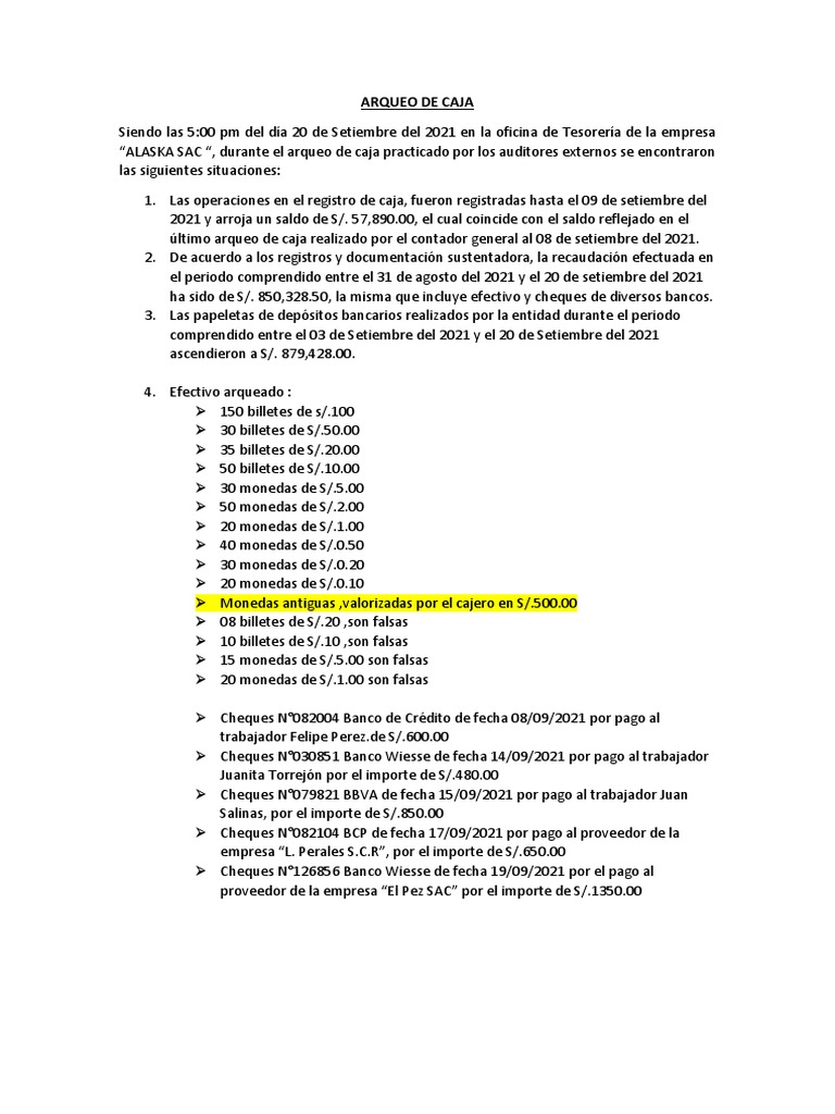 Acta de Arqueo de Caja Cepeban | Descargar gratis PDF | Bancos | Inversiones