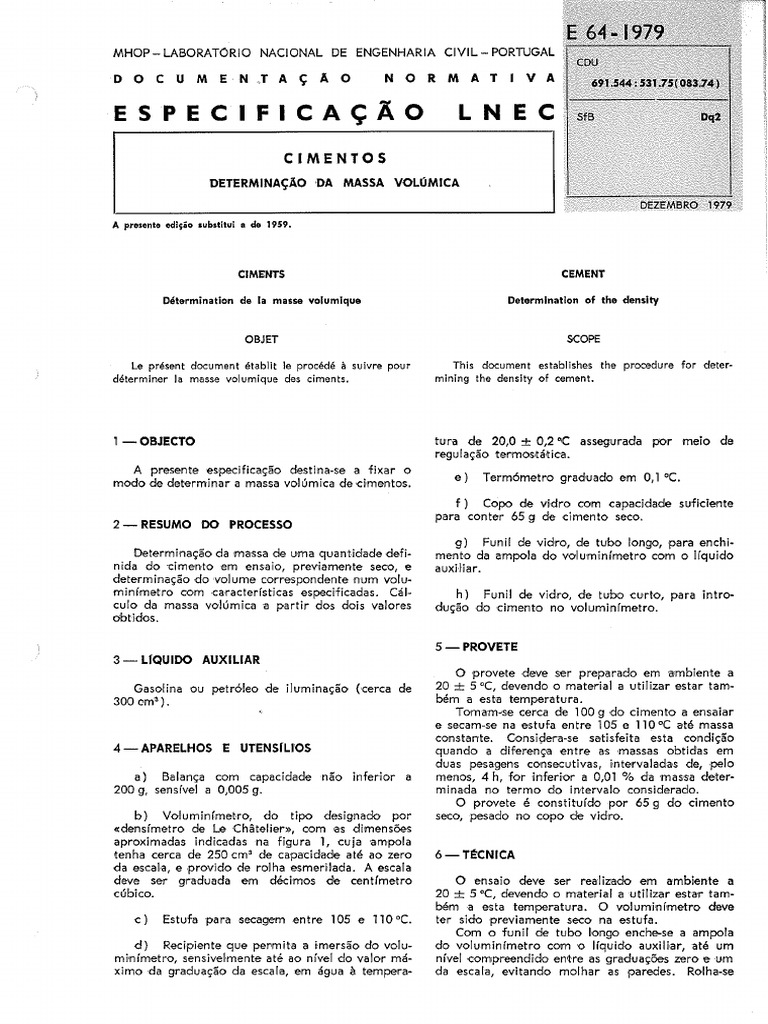 LNEC E 64 - 1979 - Cimentos - Massa Vol | PDF