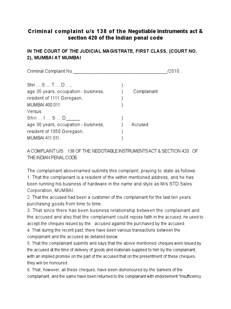 Criminal Complaint UNDER SECTION 138 Of The Negotiable Instruments Act