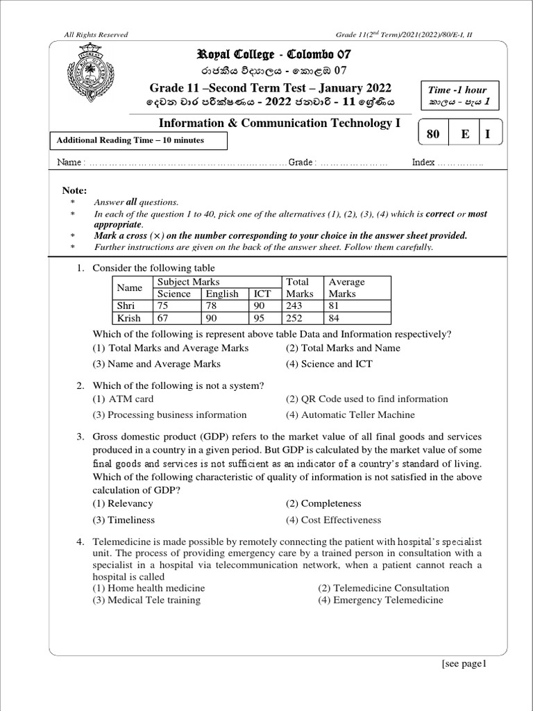 Royal College Grade 11 Information and Communication Technology Second ...