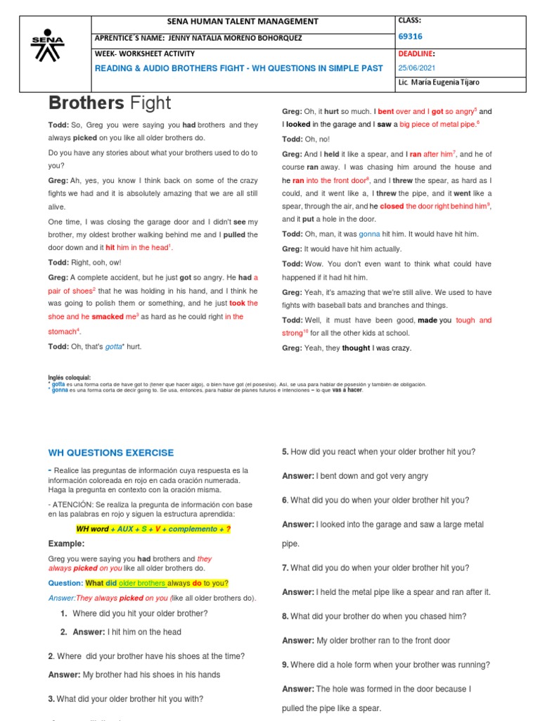 Actividad Brothers Fight WH Questions Worksheet Jenny | PDF