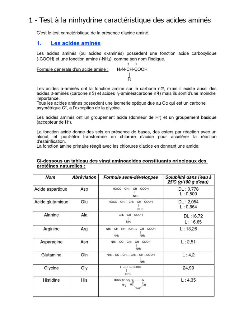 1 Test A La Ninhydrine | PDF | Acide aminé | Acide carboxylique