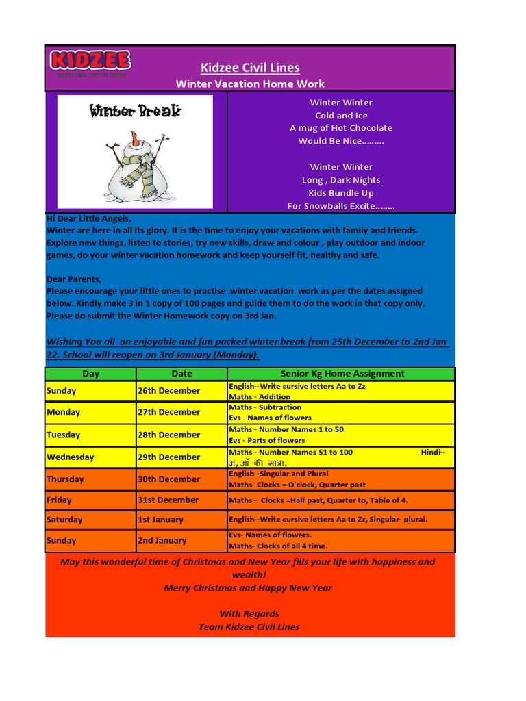 Senior KG - Winter Vacation Work | PDF