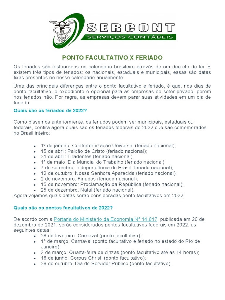 Comunicado - PONTO FACULTATIVO | PDF | Brasil | Datas comemorativas