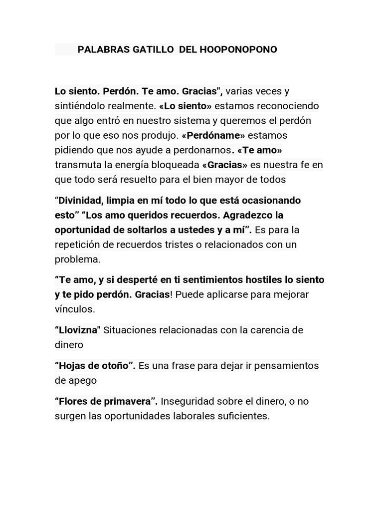 Palabras Gatillo Del Hooponopono | PDF | Amor