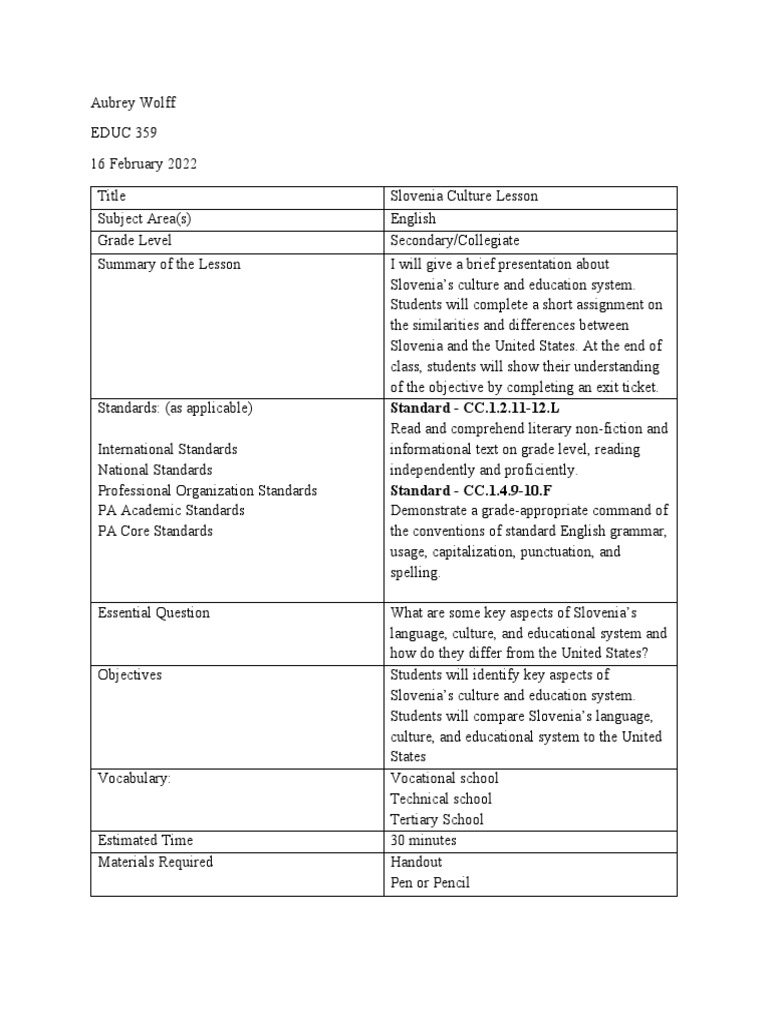 Culture Lesson Plan | Download Free PDF | English Language ...