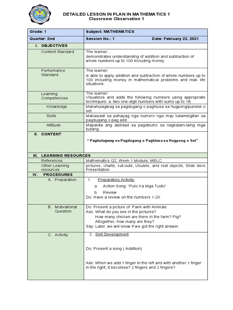 Detailed Lesson in Plan in Mathematics 1 Classroom Observation 1 | PDF ...