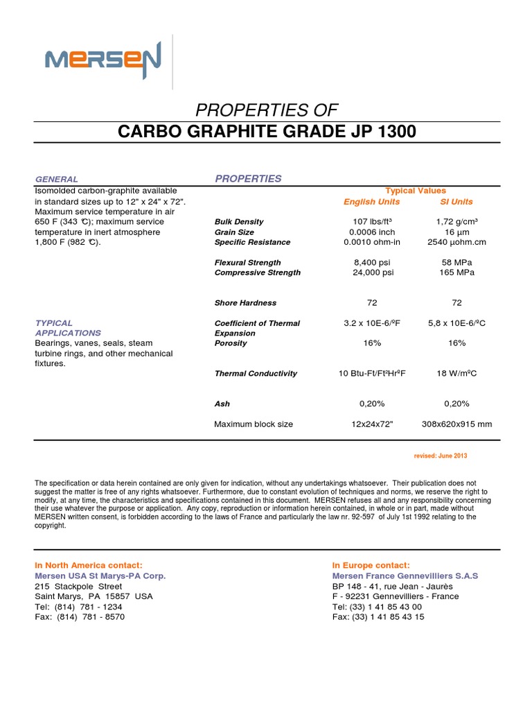 Carbo Graphite Grade JP 1300: Properties of | PDF | Pascal (Unit ...