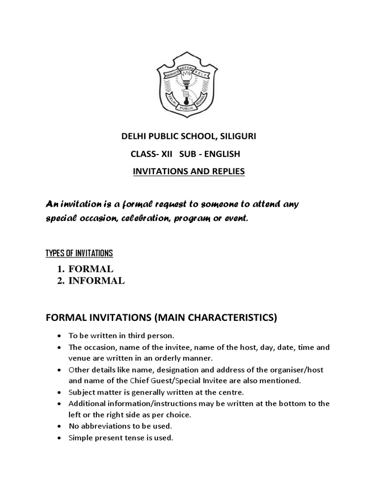 Delhi Public School, Siliguri Class-Xii Sub - English Invitations and ...
