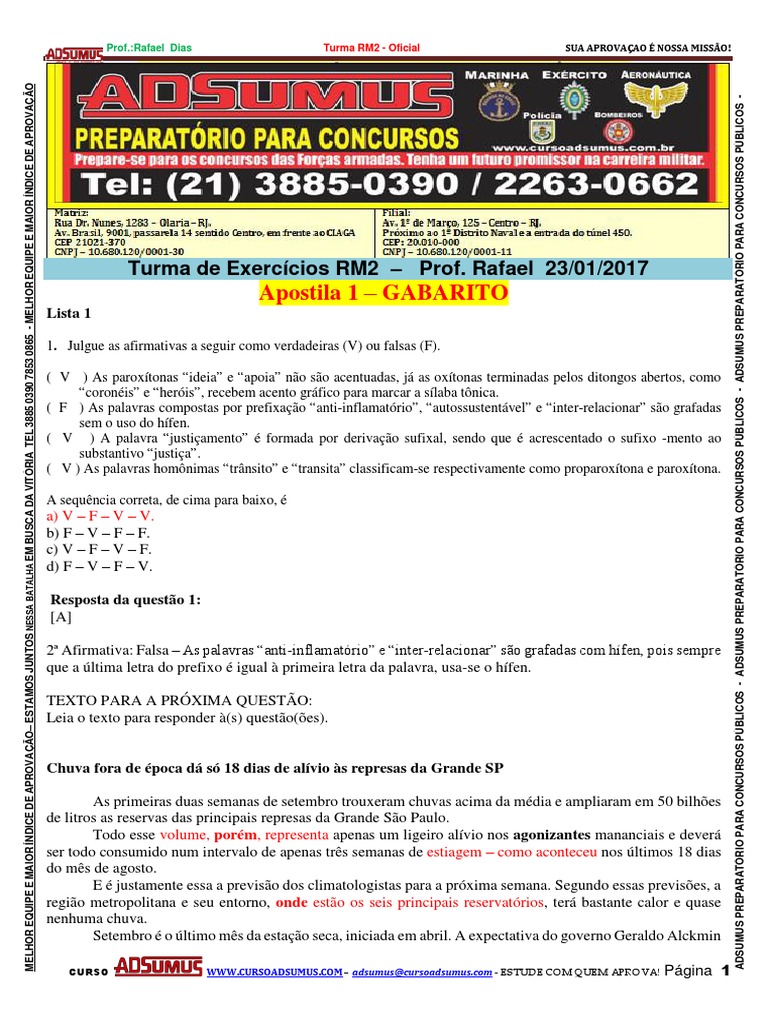 01.Rm2 - Exercícios - Apostila Língua Portuguesa 1 Gabarito - Janeiro - Rafael | PDF