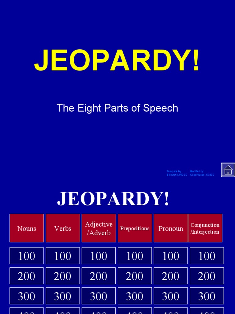 Jeopardy Eight Parts of Speech | PDF | Noun | Adjective