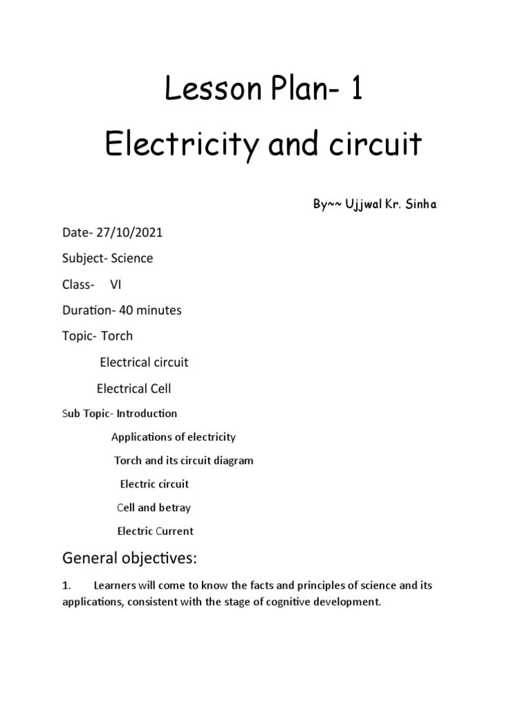 Lesson Plan Class 6 CH Electricity and Circuit | PDF | Science ...