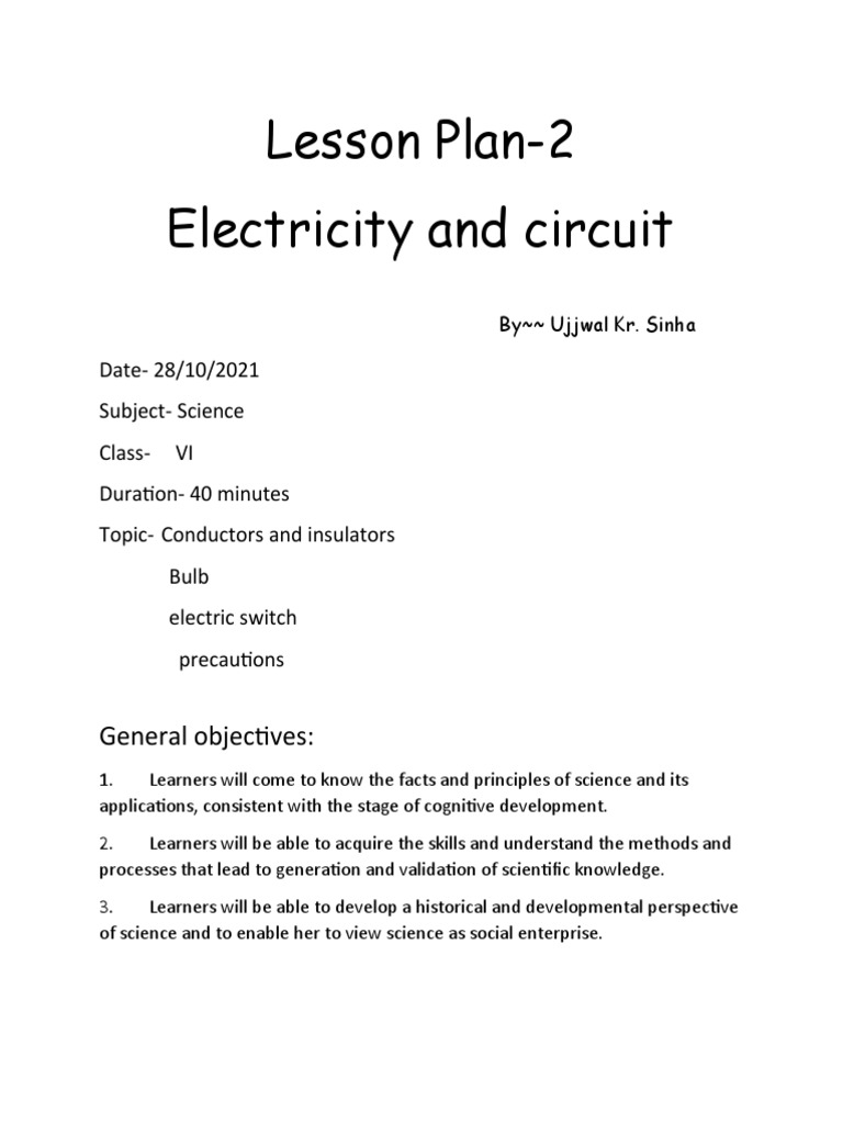 Lesson Plan Class 6 CH Electricity and Circuit Day 2 | Download Free PDF | Incandescent Light ...