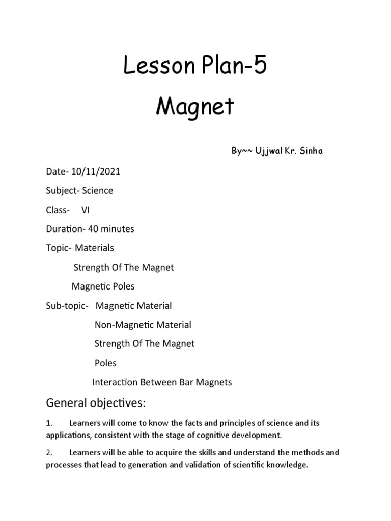 Class 6 Magnetism Lesson Plan | PDF | Magnet | Science