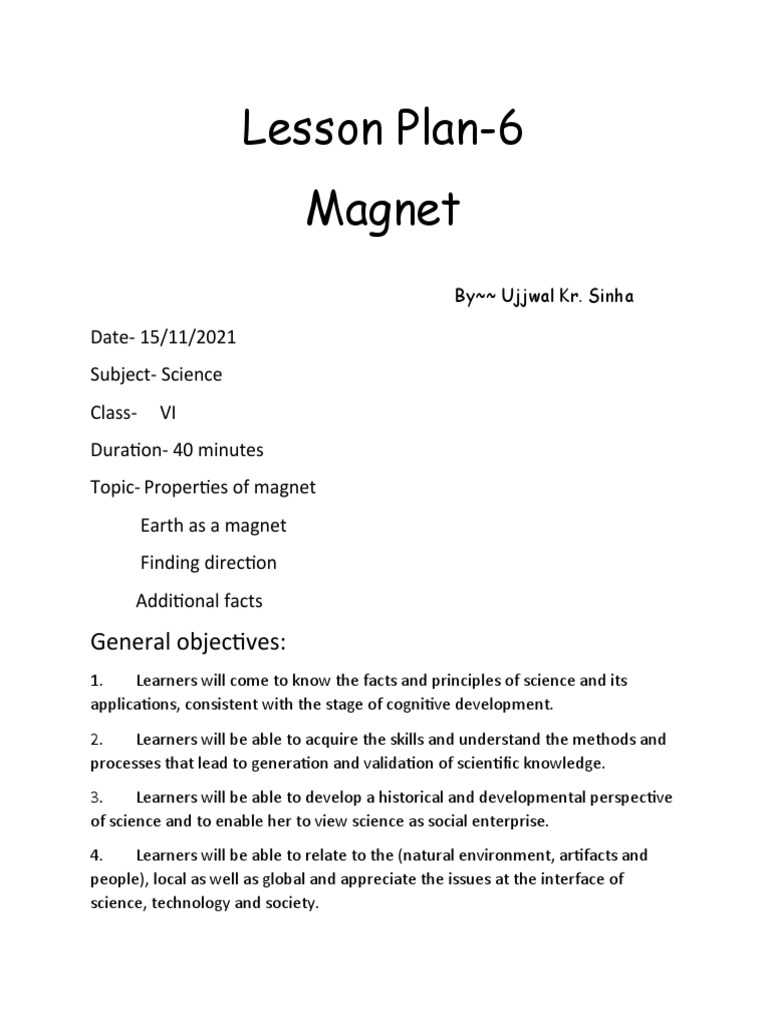 Lesson Plan Class 6 CH Magnet Day 3 | PDF | Compass | Magnet