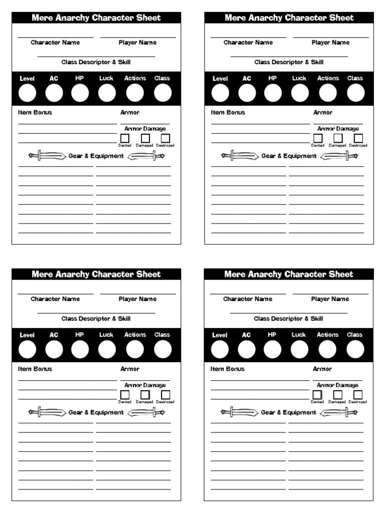 Mere Anarchy Character Sheets (x4) FF | PDF | Gaming | Tabletop Games