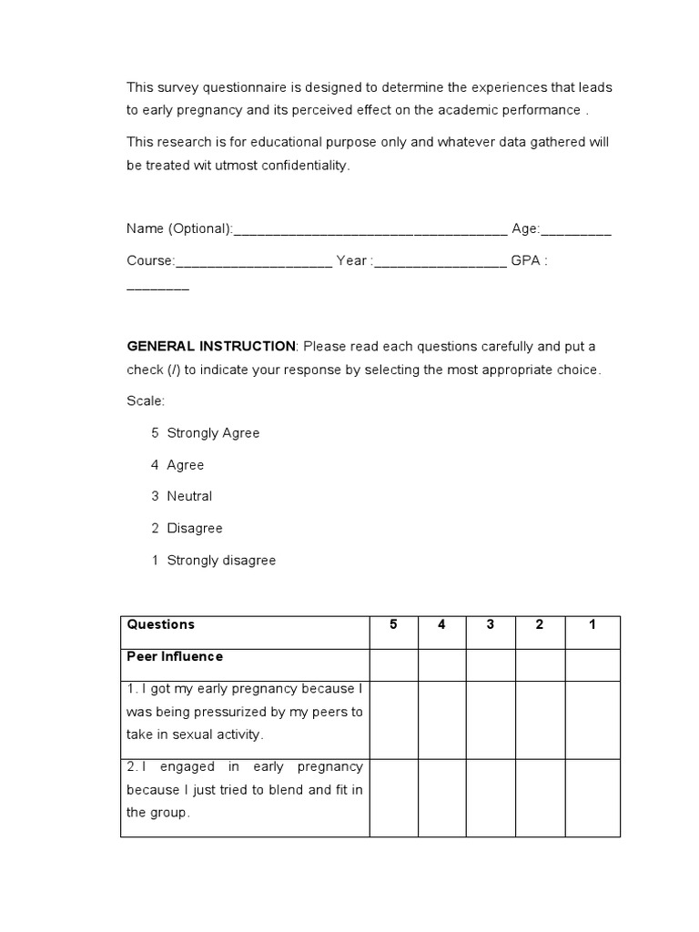 Early Pregnancy Survey Questionnaire | PDF | Sex Education ...