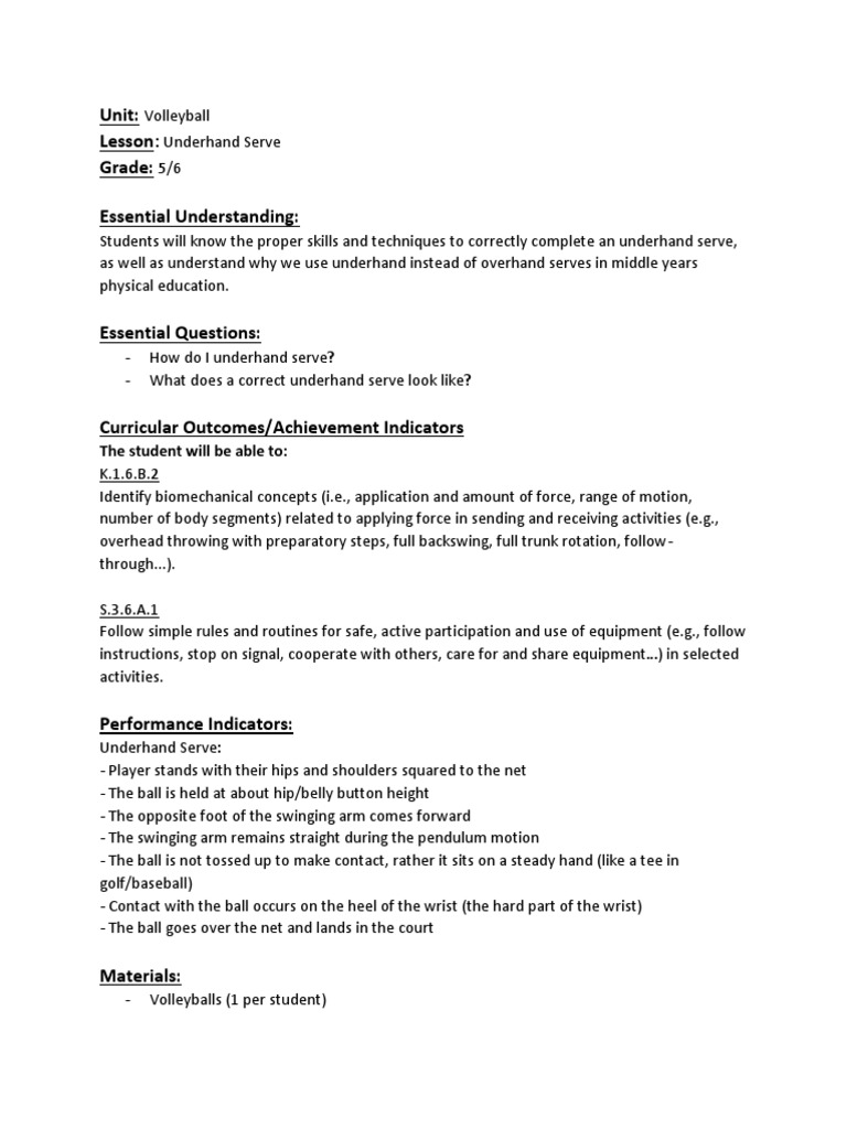 Lesson Plan 4 - Underhand Serve | PDF | Volleyball | Education Theory