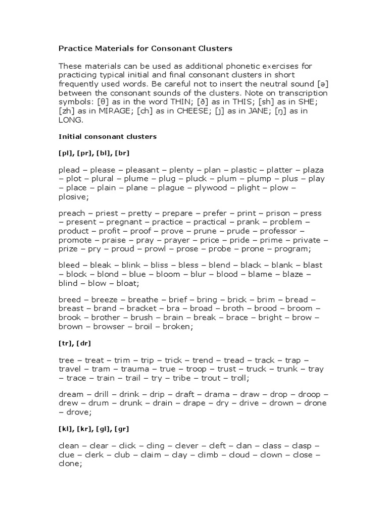 Practice Materials For Consonant Clusters | PDF | English Language ...