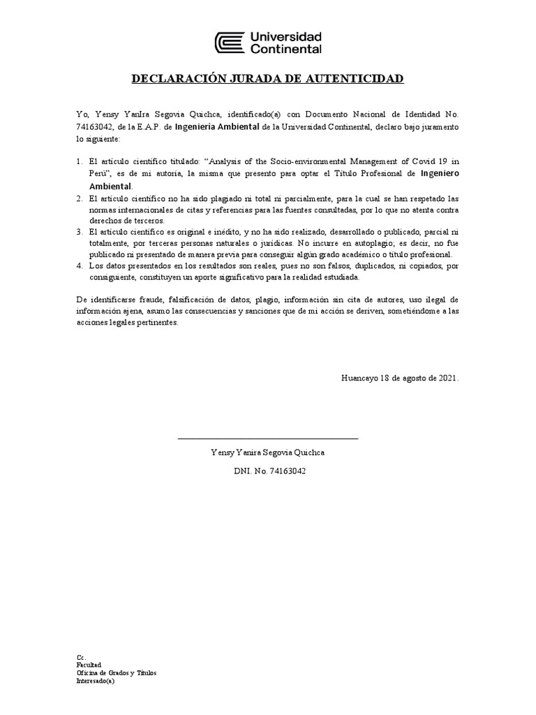 Declaración Jurada de Autenticidad | PDF