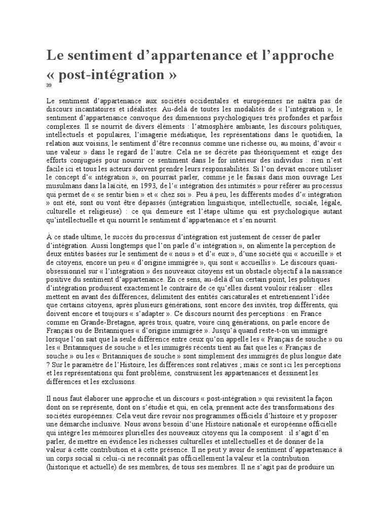 Le Sentiment D'appartenance | PDF