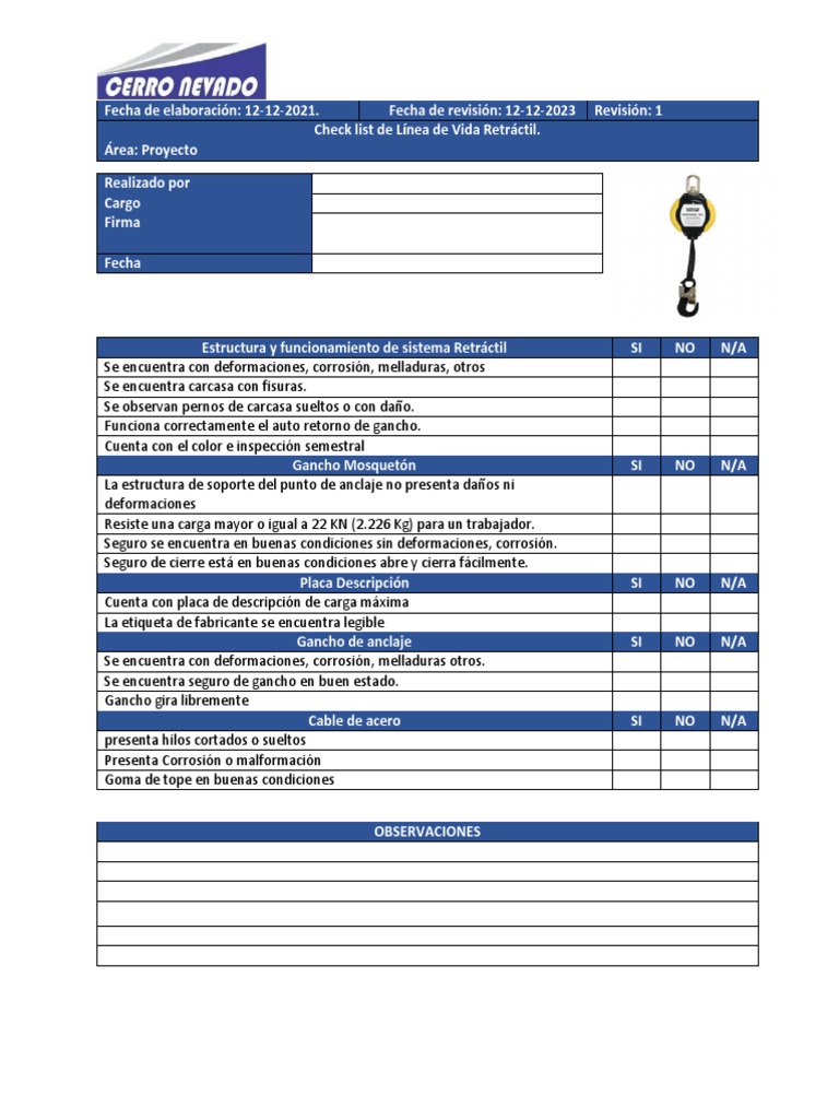 Check List de Línea de Vida Retráctil | PDF