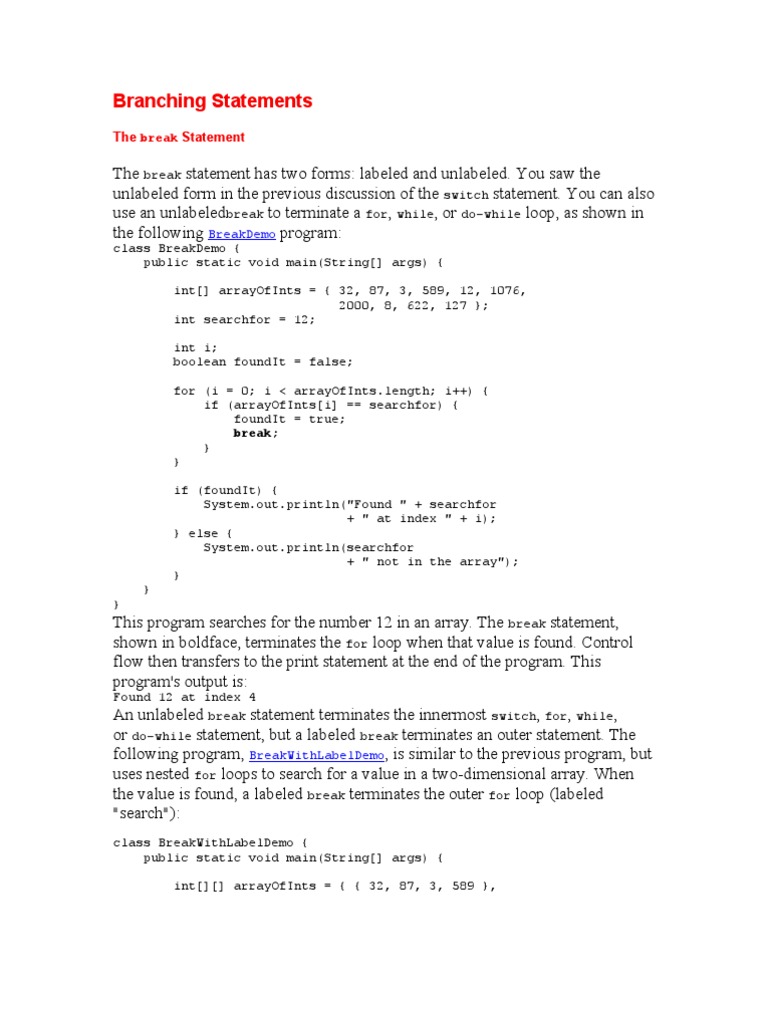 Branching Statements: The Break Statement | PDF | Control Flow | Software Engineering