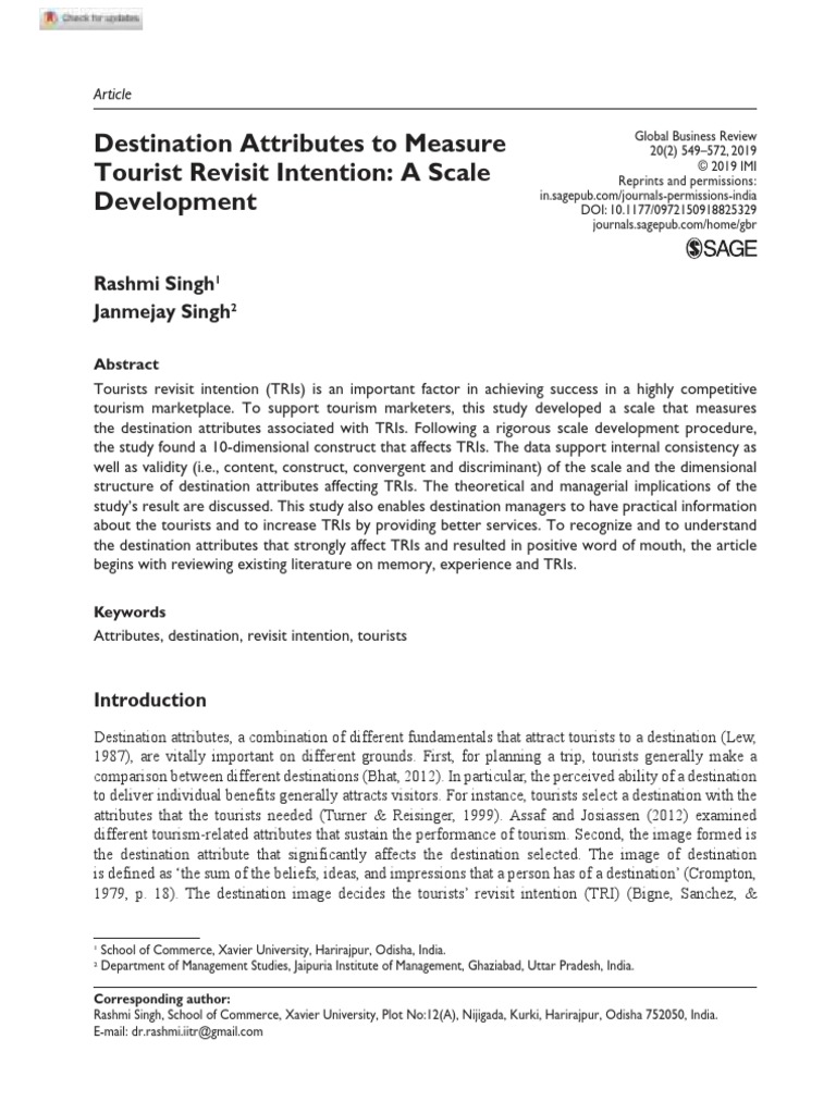 Destination Attributes To Measure Tourist Revisit Intention A Scale ...