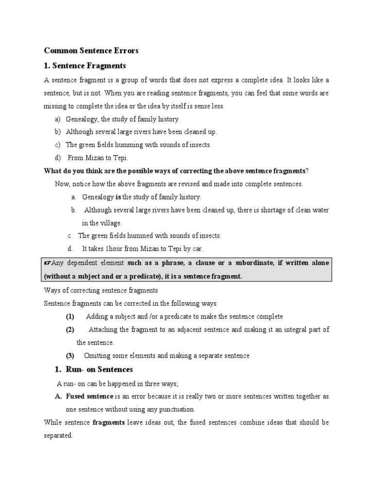 Common Sentence Errors 1. Sentence Fragments | PDF | Grammatical Gender ...